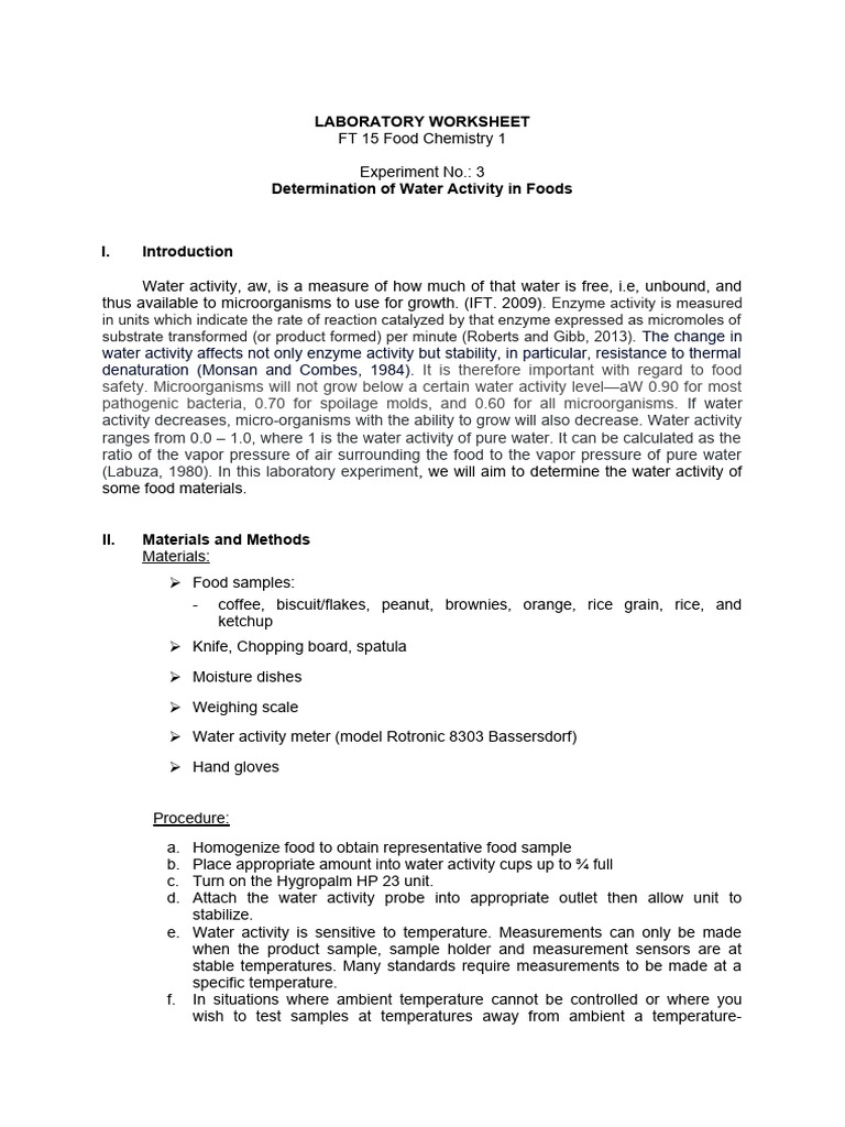 LE03 - Water Activity in Foods | PDF | Water | Enzyme Assay
