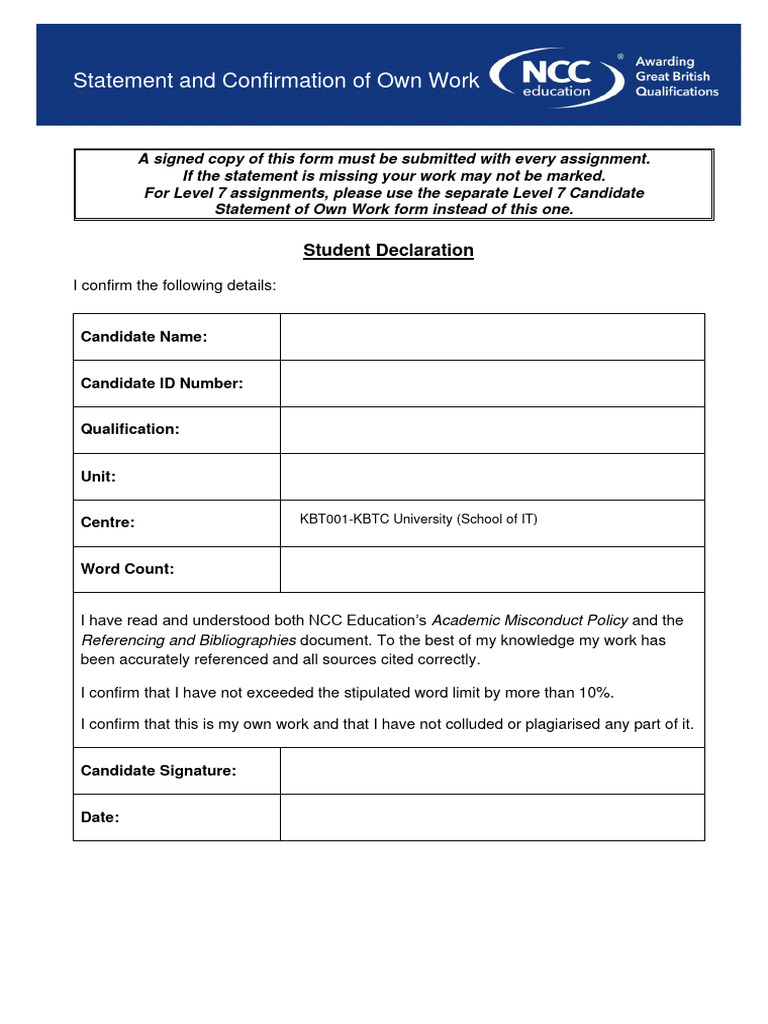 Statement of Own Work Form | PDF