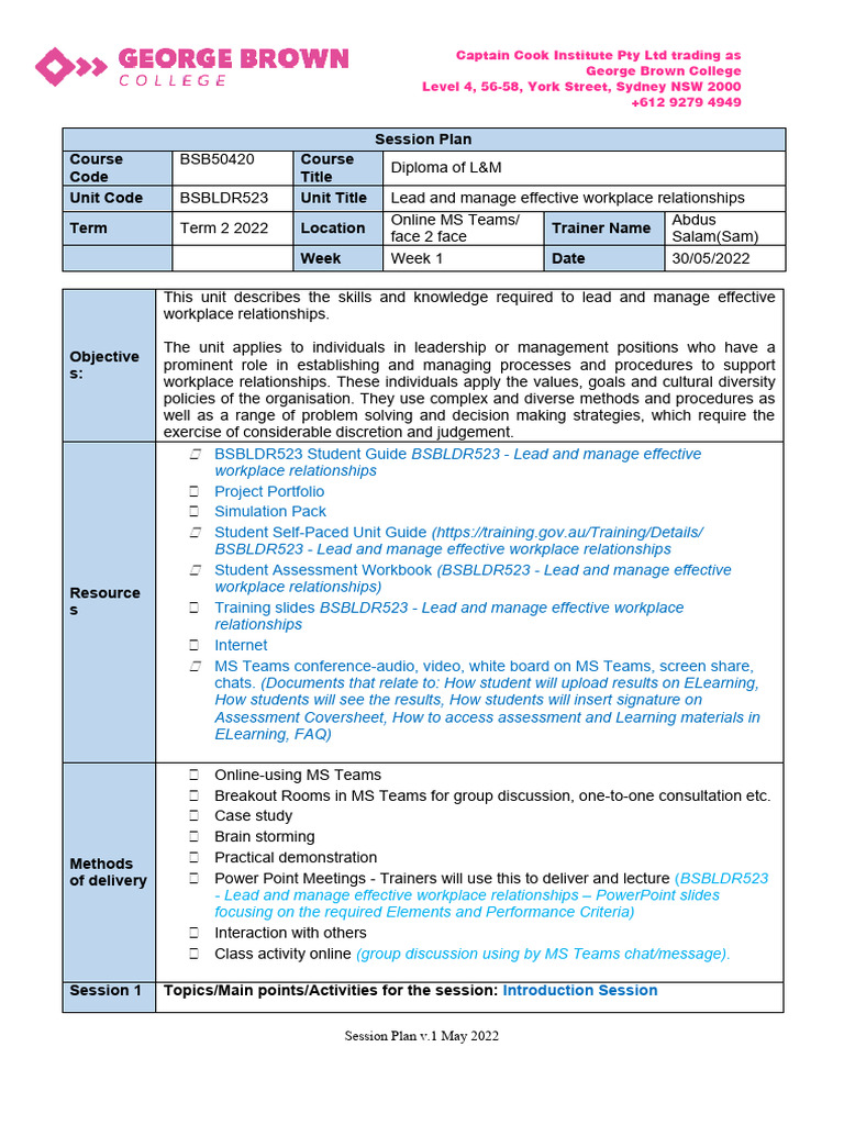 Session Plan - BSBLDR523 - Lead and Manage Effective Workplace - Dip LM ...