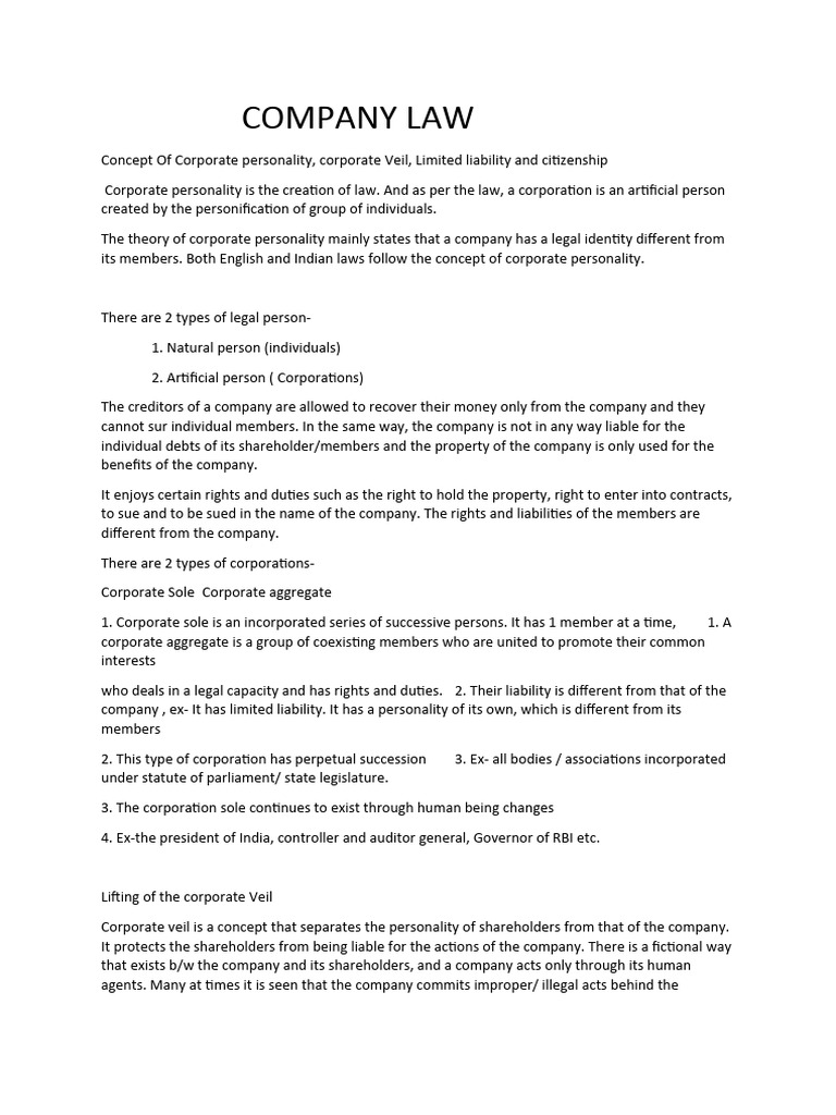 Company Law | PDF | Piercing The Corporate Veil | Corporations