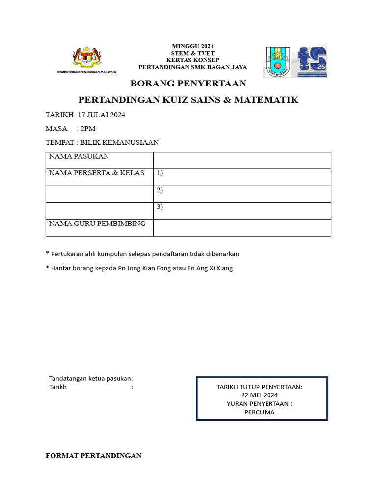 Borang Penyertaan Kuiz Math SC - Petang 2024 | PDF