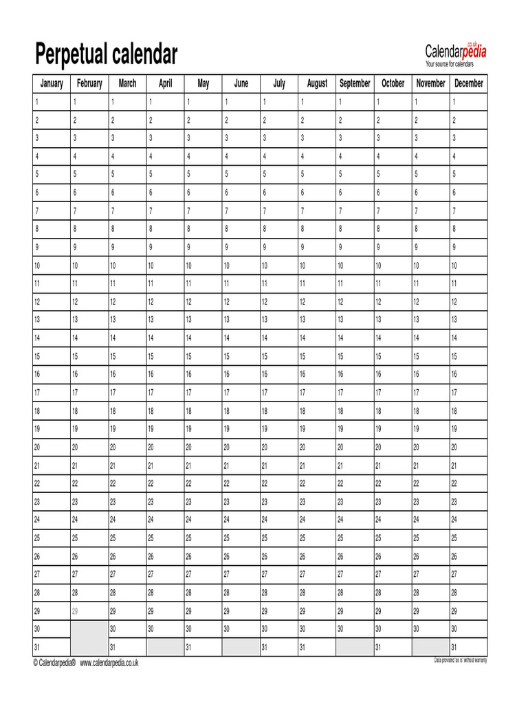 Perpetual Calendar Landscape 1 Page | PDF