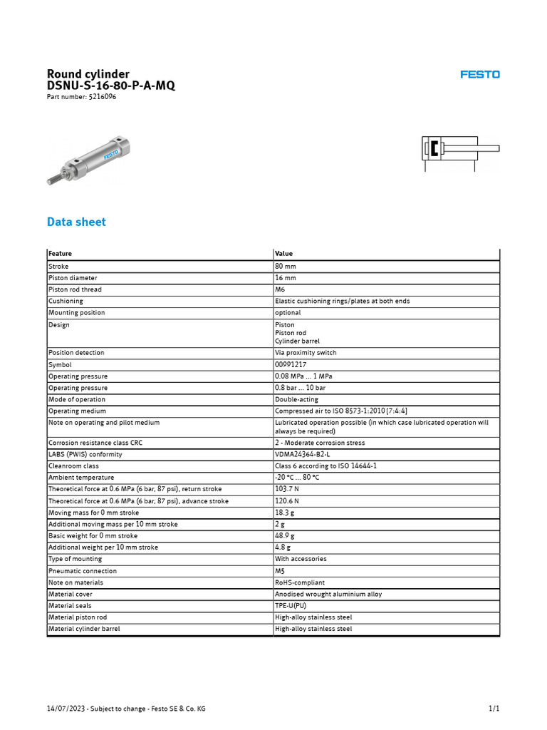 Round Cylinder DSNU-S-16-80-P-A-MQ: Data Sheet | PDF | Piston | Stainless Steel