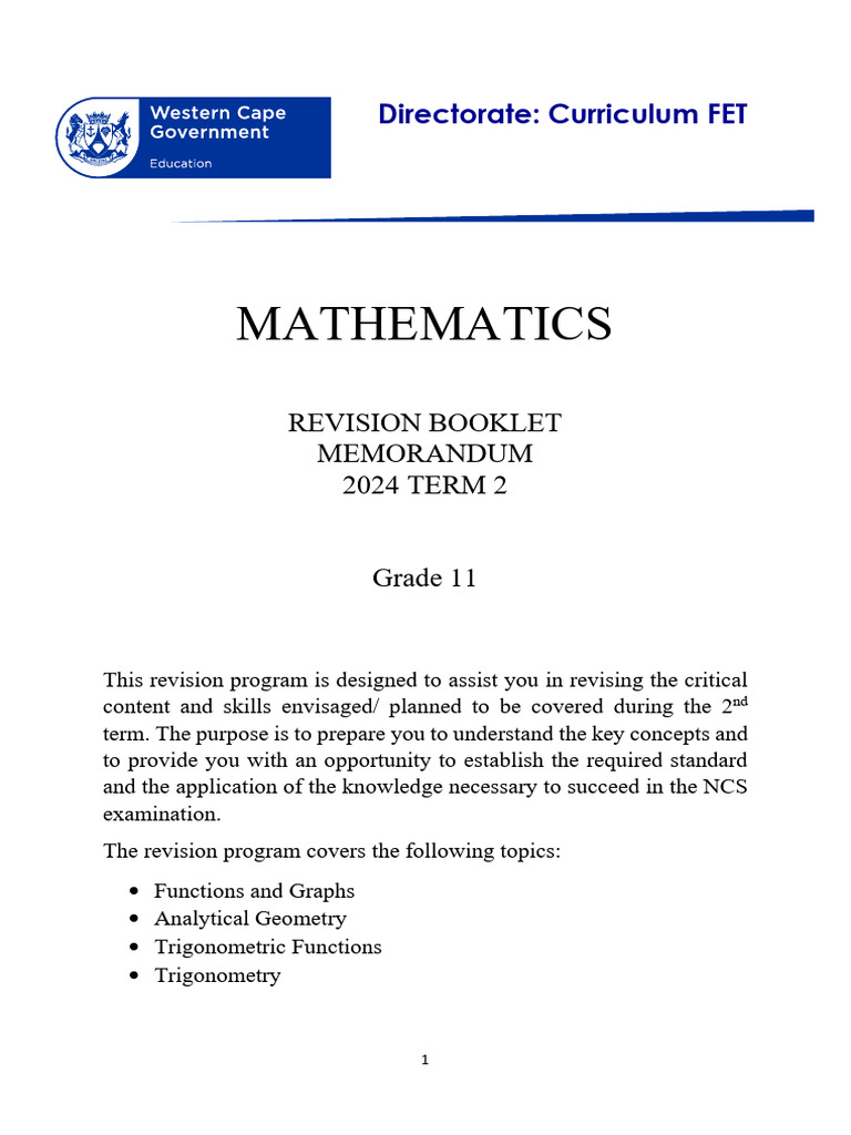 Mathematics Grade 11 Revision Memo Term 2 - 2024 | PDF | Mathematics ...
