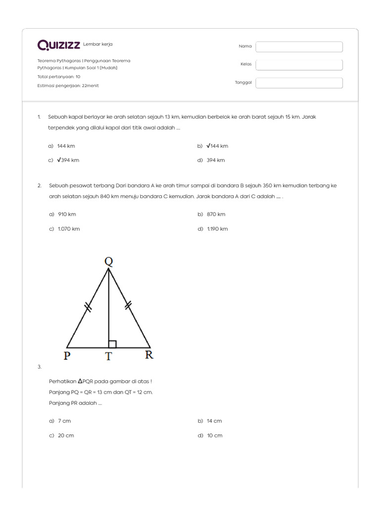 Teorema Pythagoras Penggunaan Teorema Pythagoras Kumpulan Soal 1