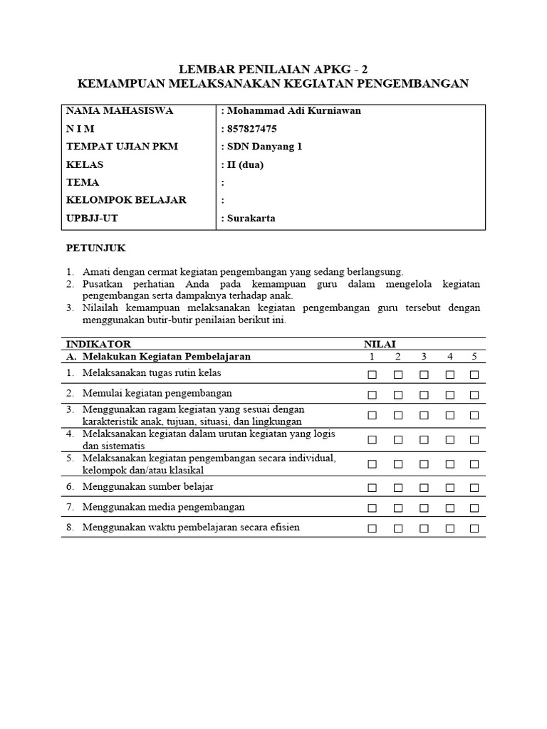 Lembar Apkg 2 PKM Penilaian Kemampuan Melaksanakan Kegiatan Pengembangan | PDF