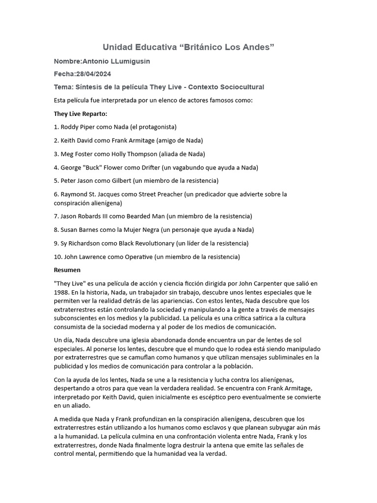 Síntesis de La Película They Live - Contexto Sociocultural | PDF