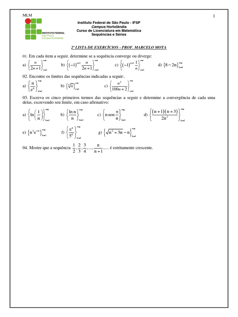 2º Lista de Sequencias e Series | PDF | Sequência | Analise matemática