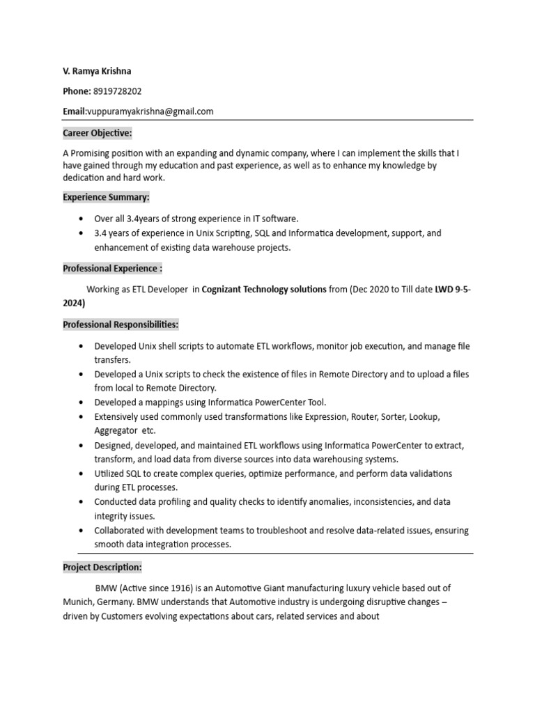 V Ramya Krishna Resume | PDF | Data Warehouse | Computer Science