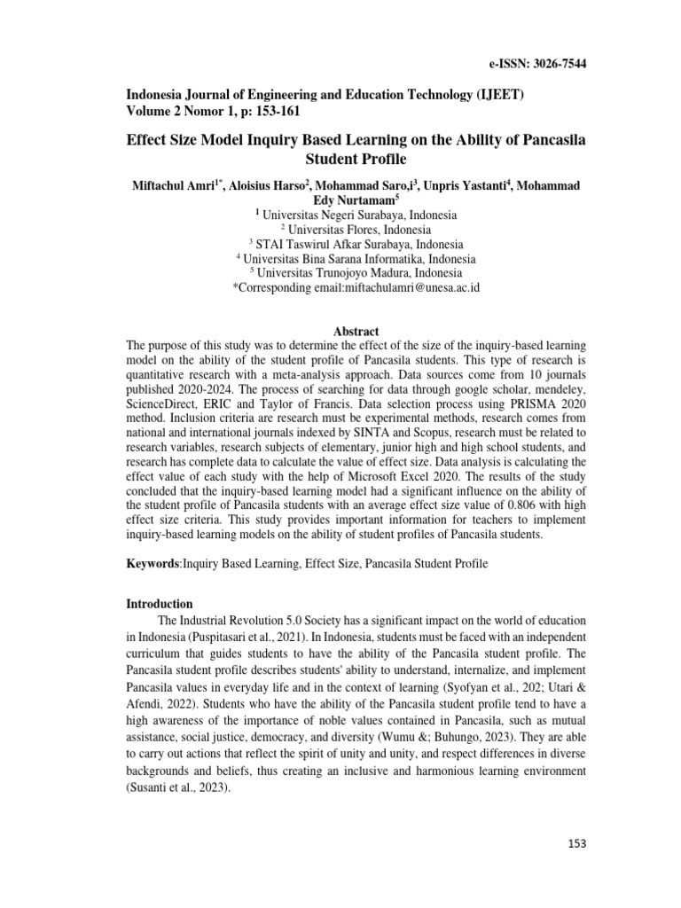 Effect Size Model Inquiry Based Learning On The Ability of Pancasila Student Profile | PDF ...