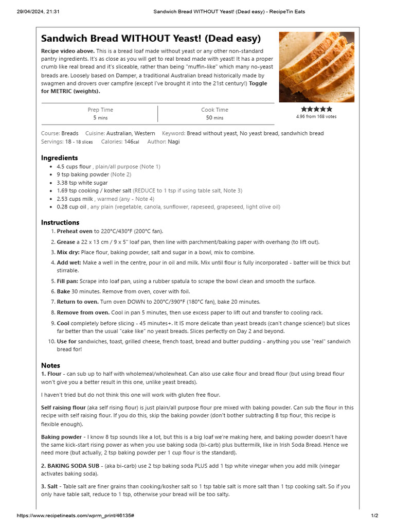 Sandwich Bread WITHOUT Yeast! (Dead Easy) - RecipeTin Eats | PDF | Breads | Flour