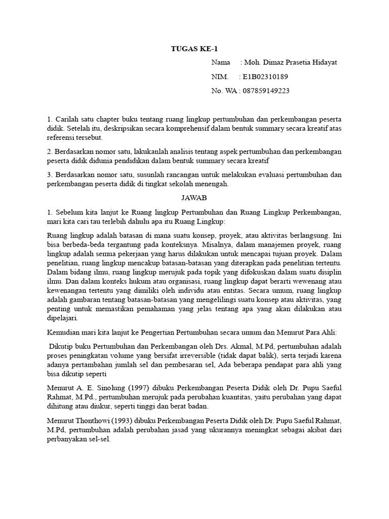 PPD - Tugas Reguler-1 - Moh. Dimaz Prasetia Hidayat - E1B02310189 | PDF | Karier & Perkembangan