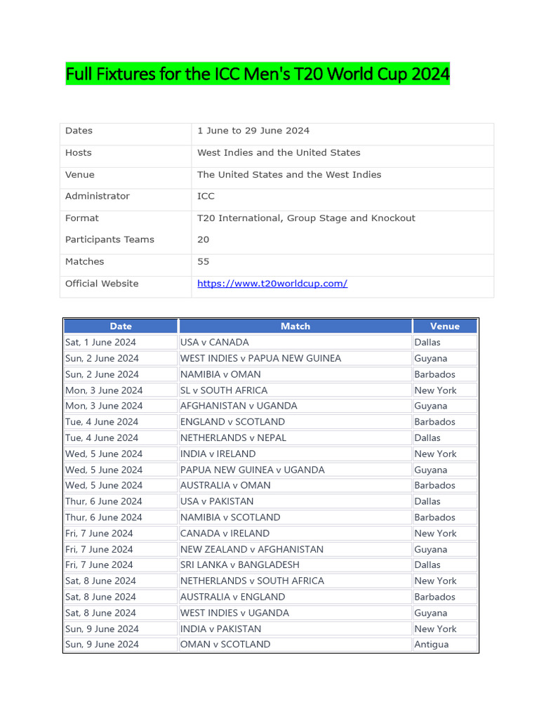 ICC T20 World Cup 2024 Fixtures | PDF | International Cricket ...