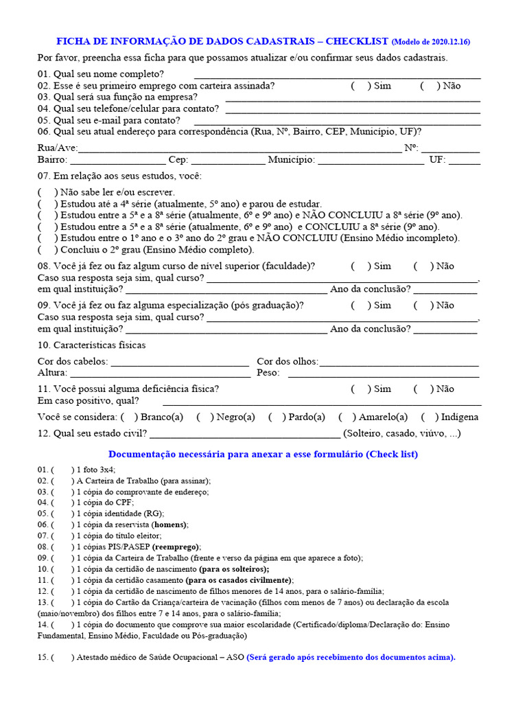 Checklist Ficha de Cadastro e Atualizacao v. 2020 12 16-1 | PDF