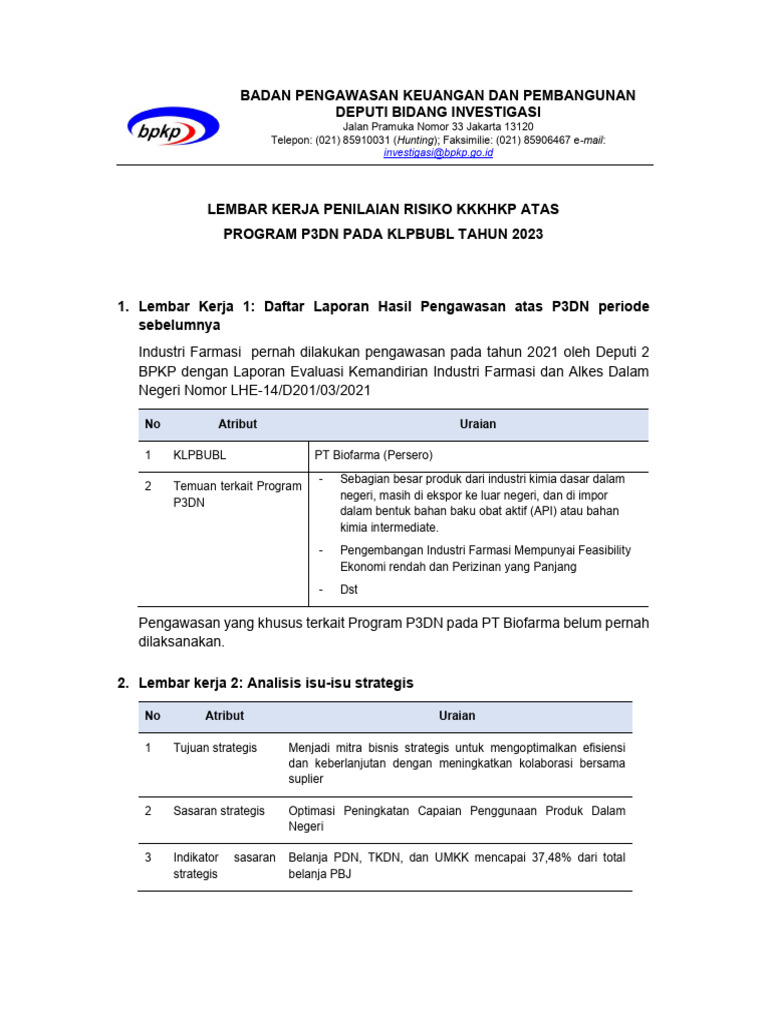Contoh Lembar Kerja Penilaian Risiko KKKHKP P3DN TW1 2023 | PDF | Bisnis