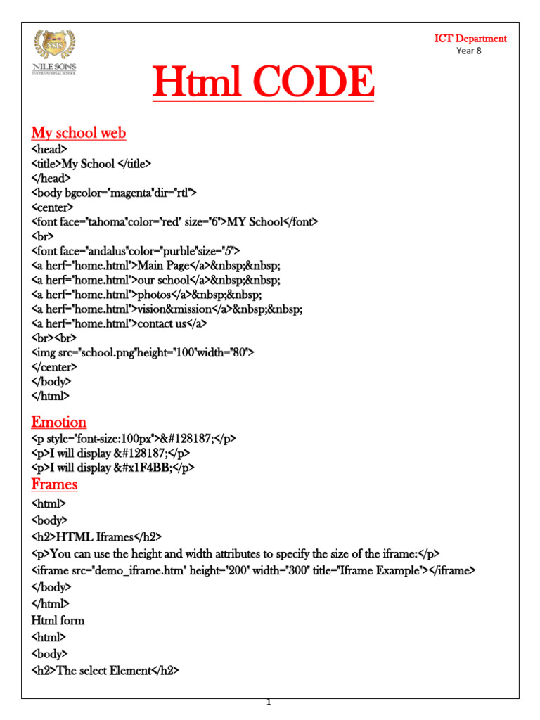 Previous Practical Training Codes Year 8 | PDF | Html Element | Html