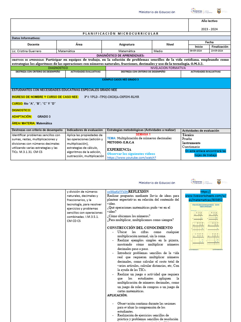 PLANIFICACION MICRO CURRICULAR ADAPTADA NEE GRADO 3-MATEMÁTICA 6TO-3°TRIMESTRE -S 9,10,11 | PDF ...