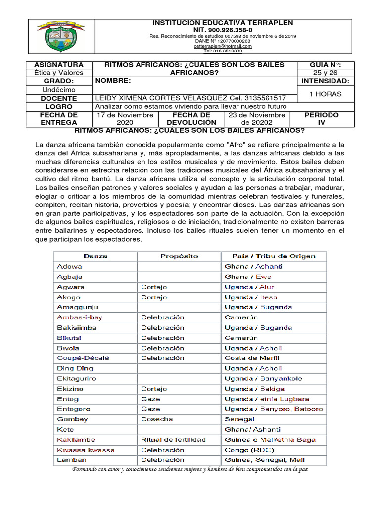 Etica y Valores 11 Guia 25 y 26 | PDF | Bailes | Las artes escénicas