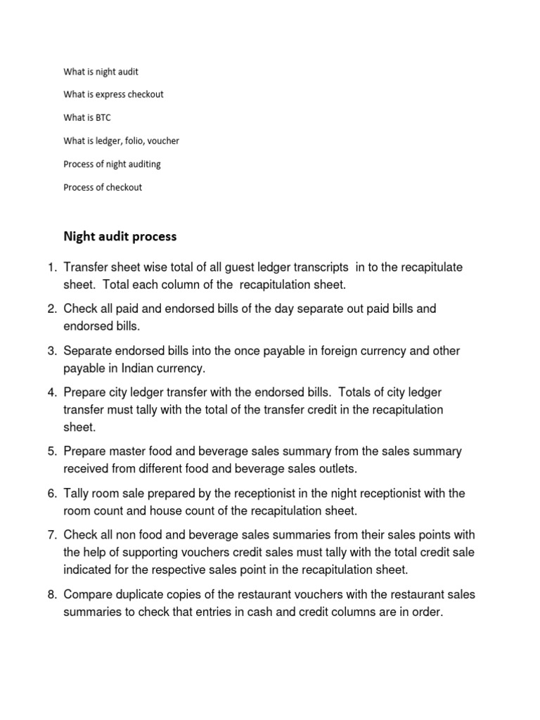 Night Audit and Checkout Procedures | PDF | Point Of Sale | Cash