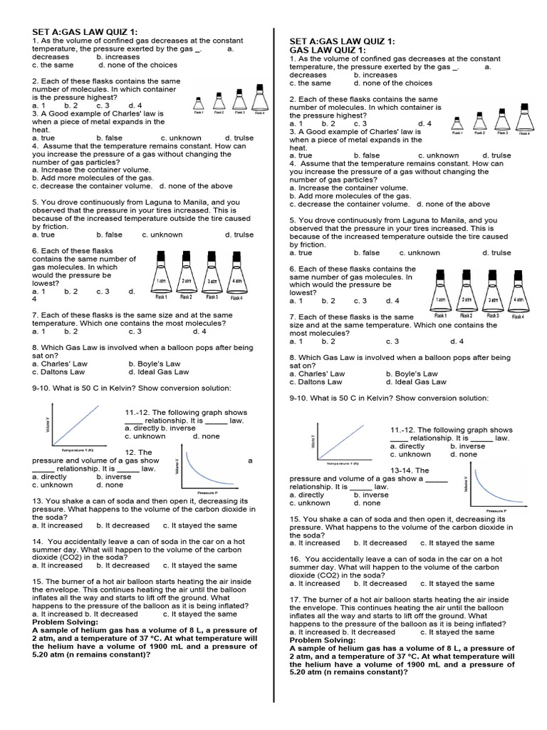 Gas Law Quiz 1 4-17-24 | PDF | Gases | Carbonated Water