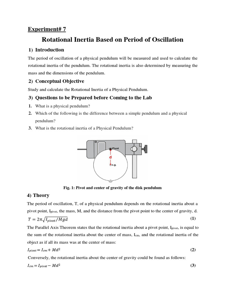 Experiment 7 Rotational Inertia Based On Period Of Oscillation Pdf