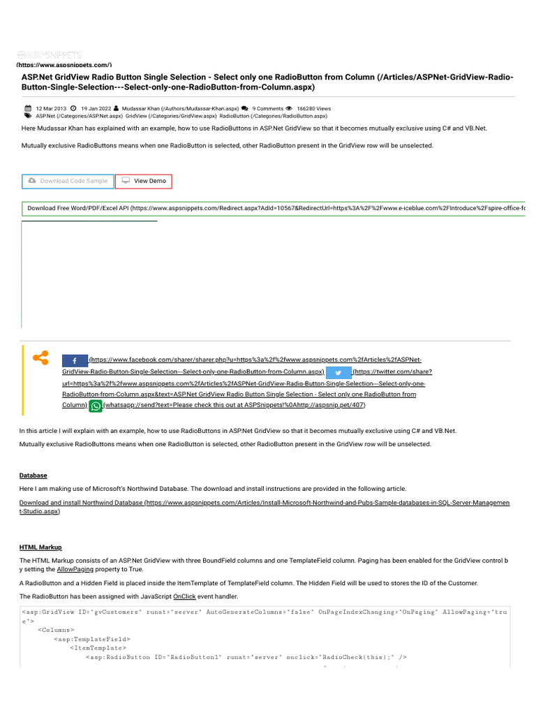 GridView Radio Button Single Selection - Select Only One RadioButton ...