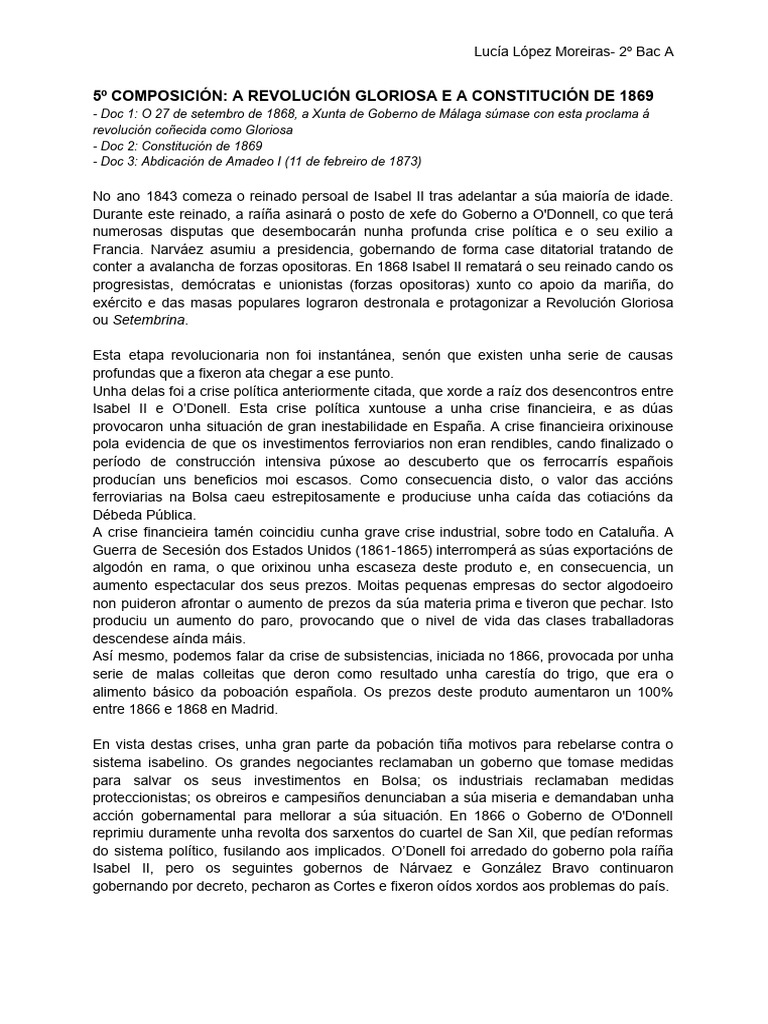5º Composición - A Revolución Gloriosa e A Constitución de 1869 | PDF