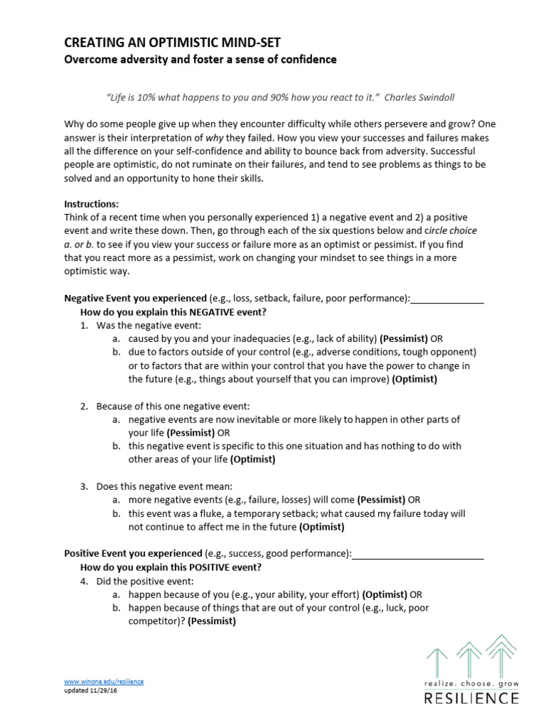 Creating An Optimistic Mindset Worksheet | PDF | Optimism | Mindset