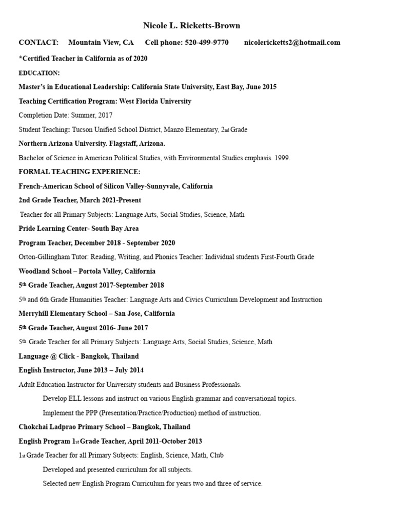Nicole L Ricketts-Brown CV 2024 PDF | PDF | Teachers | Washington (State)