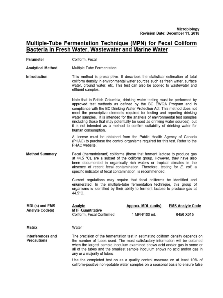 Multiple-Tube Fermentation Technique MPN For Fecal Coliform Bacteria in ...