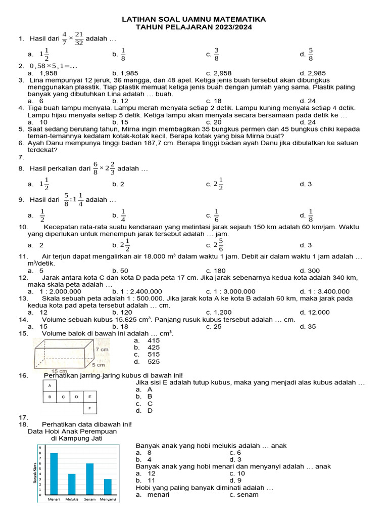 Latihan Soal Uamnu Matematika Tahun Pelajaran 2023-2024 | PDF