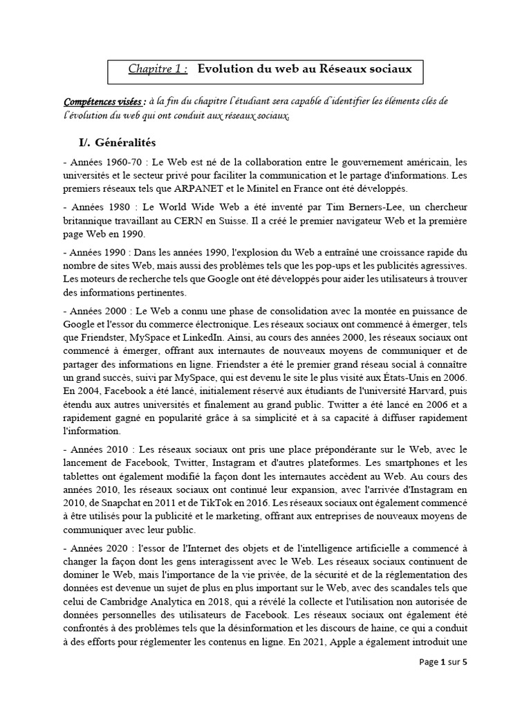 Chapitre1 - Evolution Du Web - Au - Réseaux Sociaux | PDF | Internet | Internet et Web