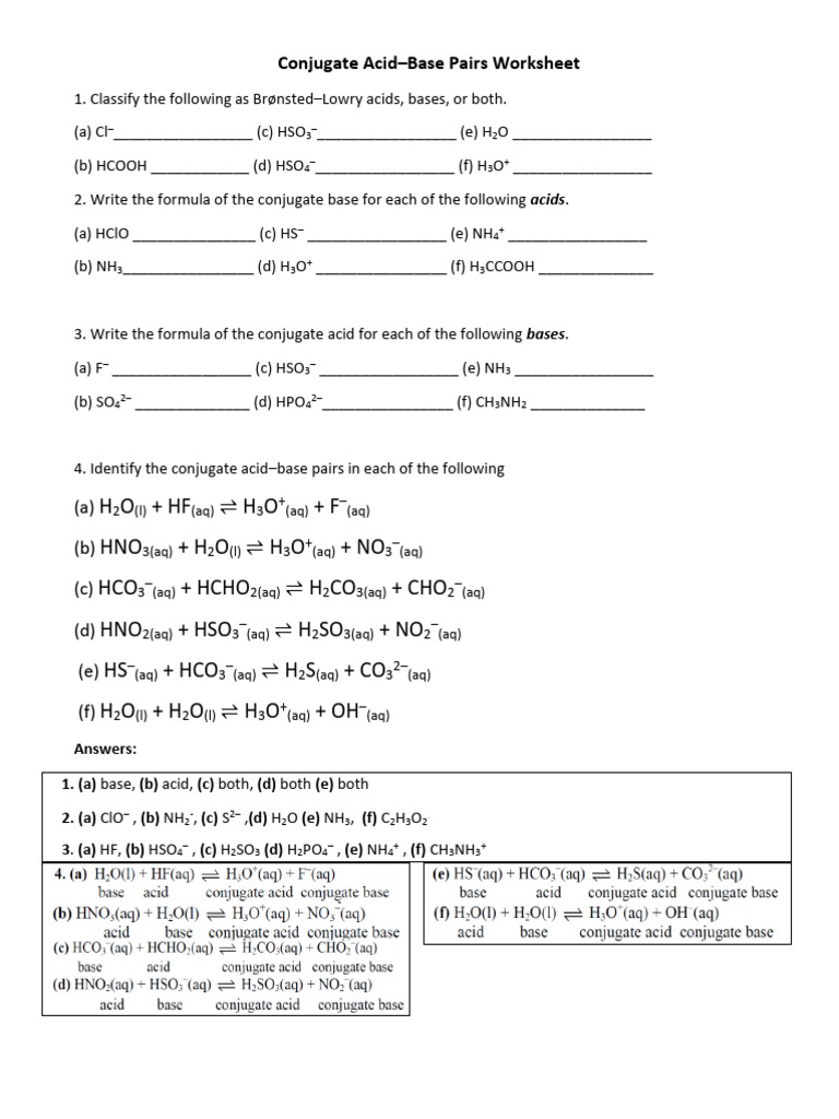 Acid-Base Pairs Worksheet | PDF