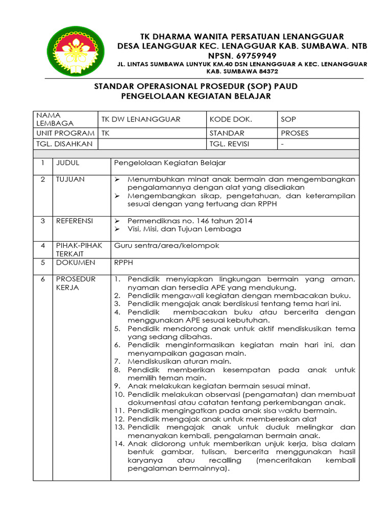 14 Sop Paud Pengelolaan Kegiatan Belajar | PDF | Karier & Perkembangan