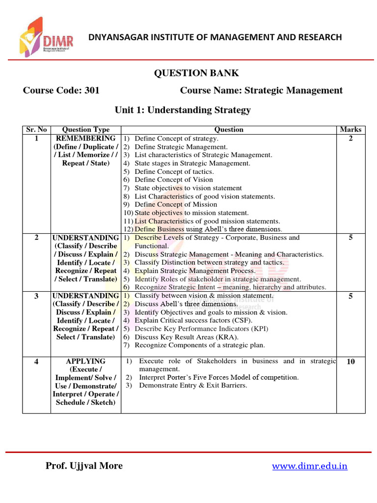301 Strategic Management 2019 Question Bank New | Download Free PDF ...