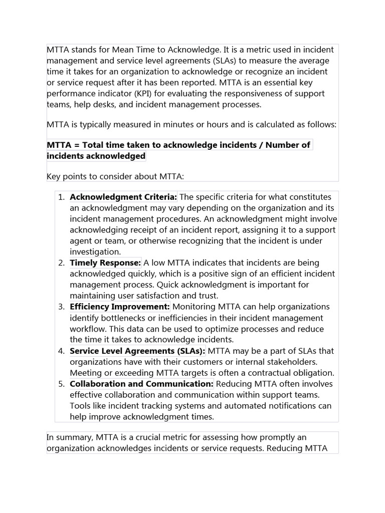 MTTA Stands For Mean Time To Acknowledge | PDF | Service Level ...
