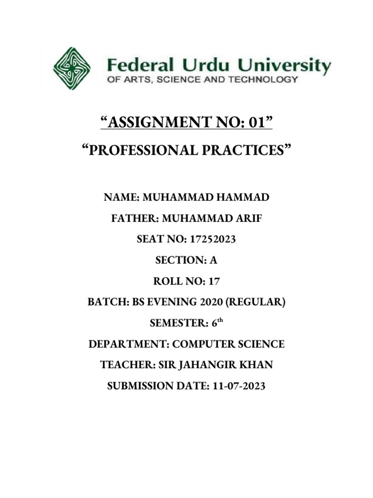 Muhammad Hammad Roll No 17 Seat No 17252023 Sec A Assignment No 1 | PDF ...