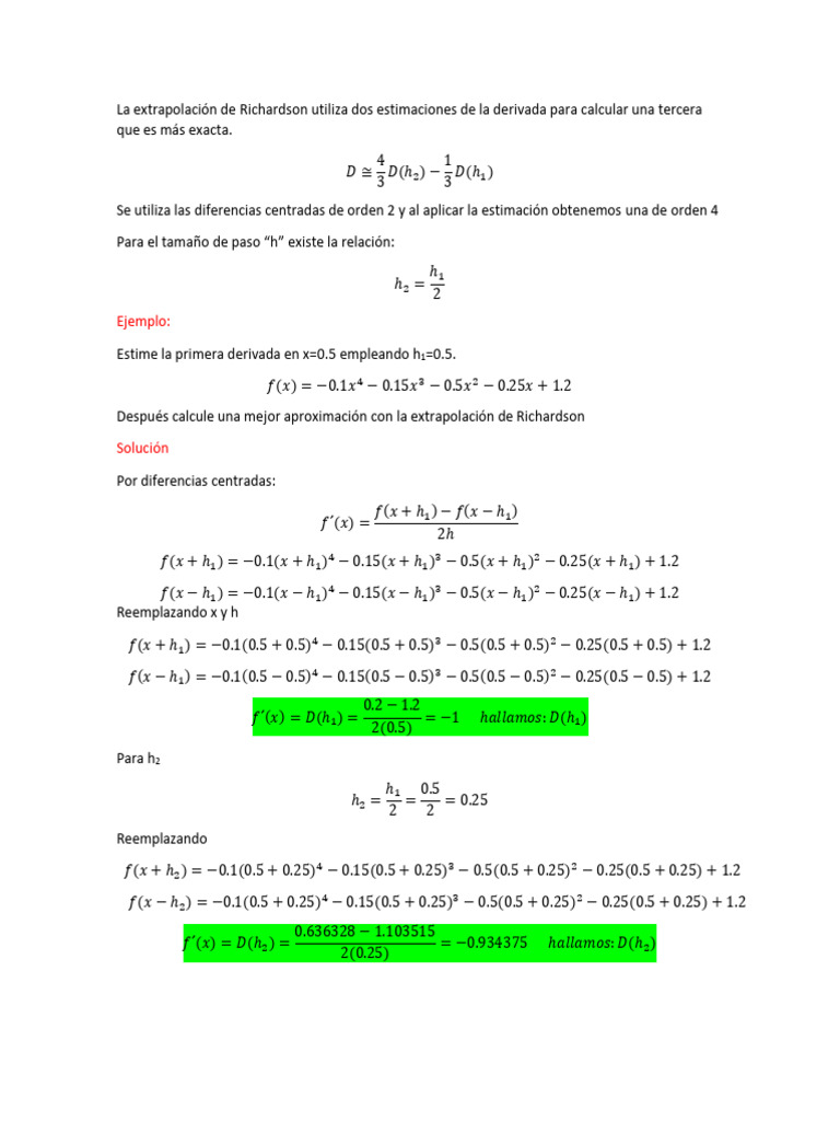 Extrapolación Richardson: Derivada Precisa | PDF | Análisis numérico | Análisis matemático