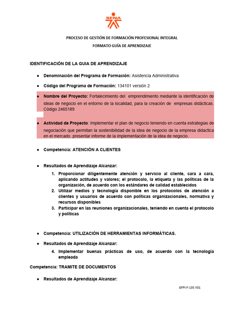 GFPI-F-135 - Guia - Ejecución Proyecto 2465189 JMC | PDF | Aprendizaje | Plan de negocios