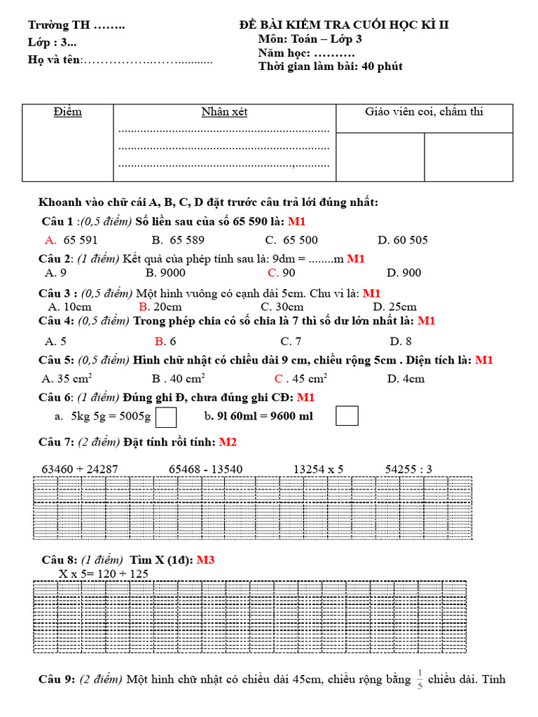 De Thi Hoc Ki 2 Mon Toan Lop 3 CTST So 4 | PDF