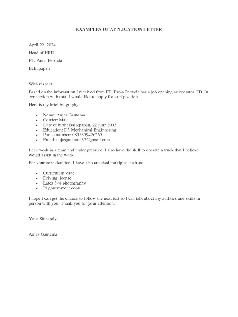 EXAMPLES OF APPLICATION LETTER | PDF