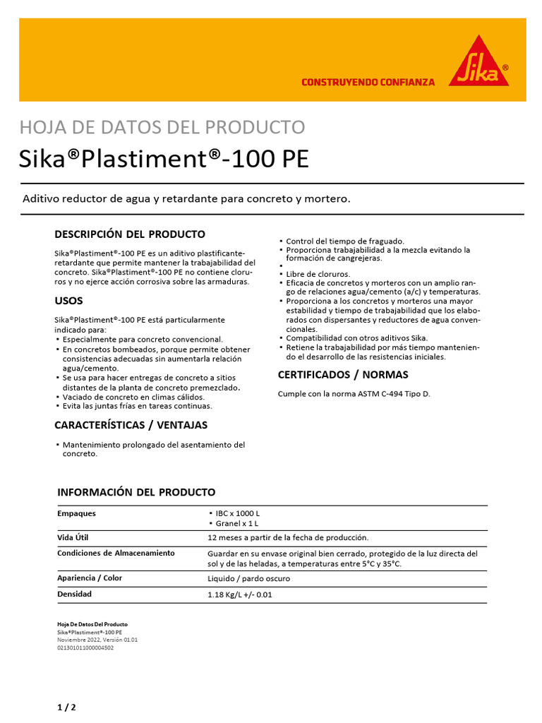 HT - Sika Plastiment - 100 Pe | PDF | Hormigón | Cemento