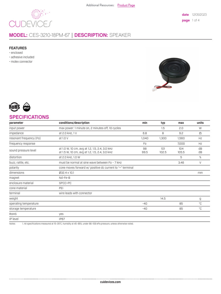CES-3210-18PM-67 Speaker Datasheet | PDF | Loudspeaker | Hertz