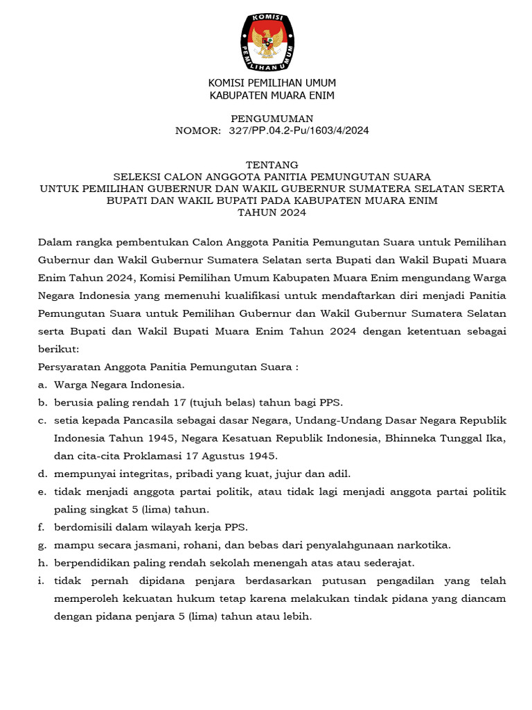 Pengumuman Pendaftaran PPS PILKADA 2024 | PDF