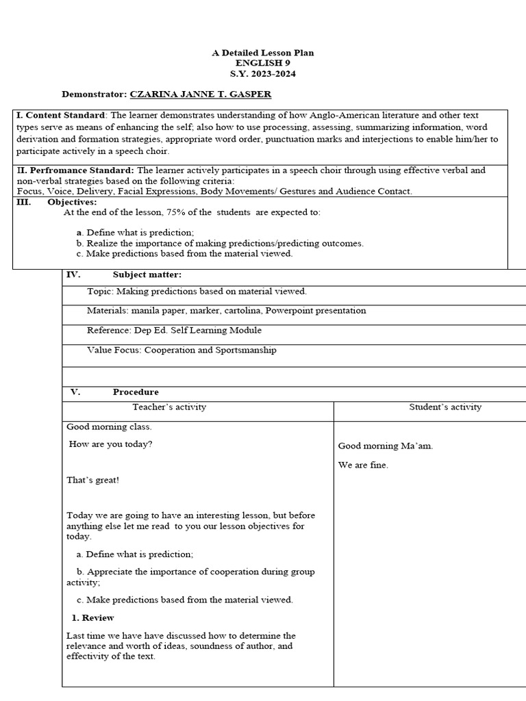 Grade 9 Lesson: Making Predictions | PDF | Lesson Plan | Prediction