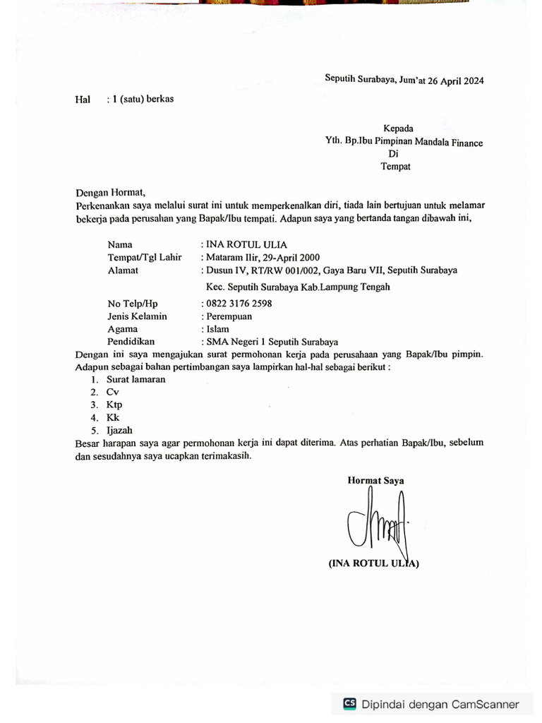 surat lamaran kerja ina rotul ulia | PDF
