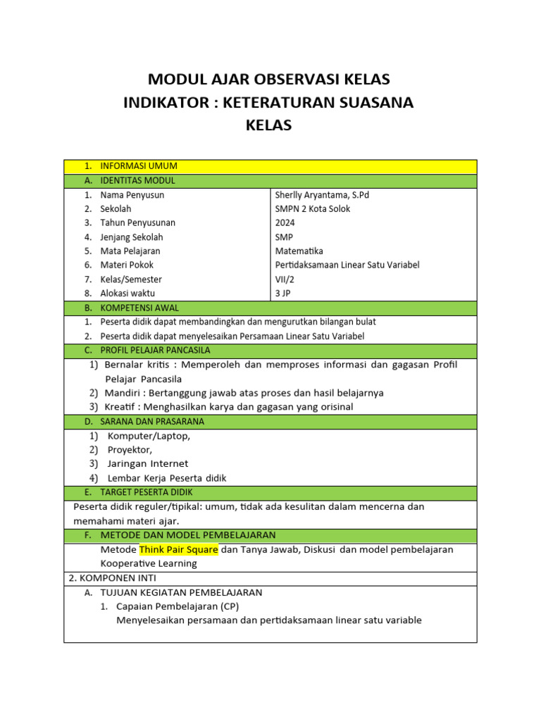 Modul Ajar Keteraturan Kelas (MTK Kelas 7) Kumer | PDF | Karier ...