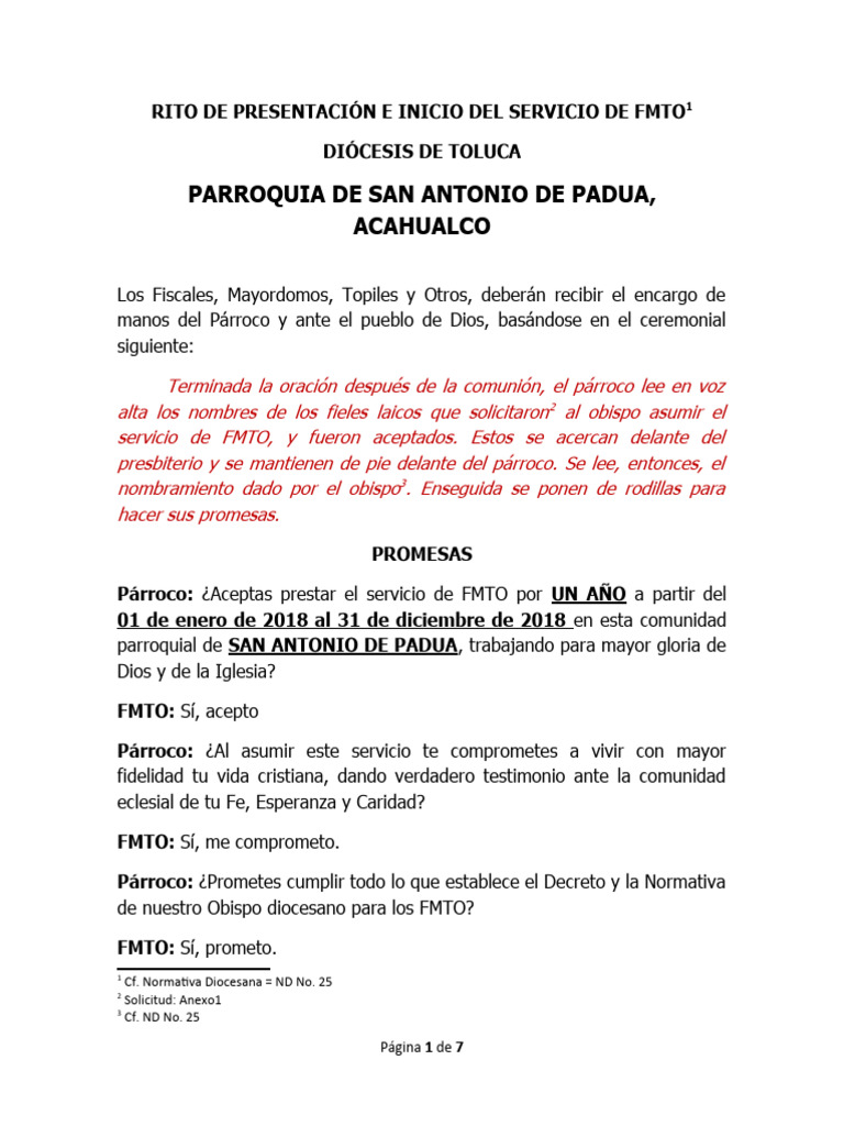 Rito de Presentación e Inicio Del Servicio de Fmto | PDF | Iglesia ...