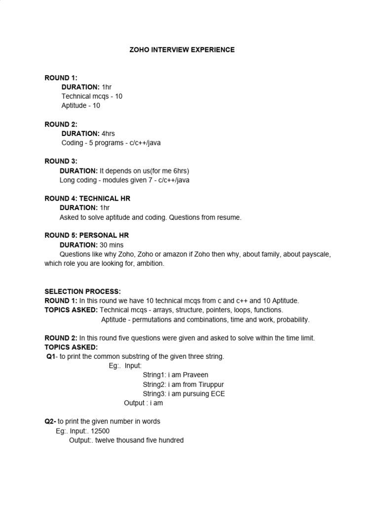 Zoho Interview Experience | PDF | Automated Teller Machine | Computer ...