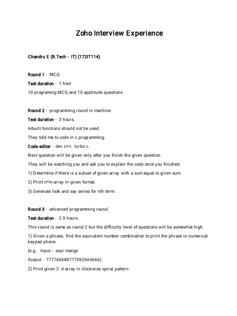 Chandru E - 172IT114 - Zoho Interview Experience | PDF